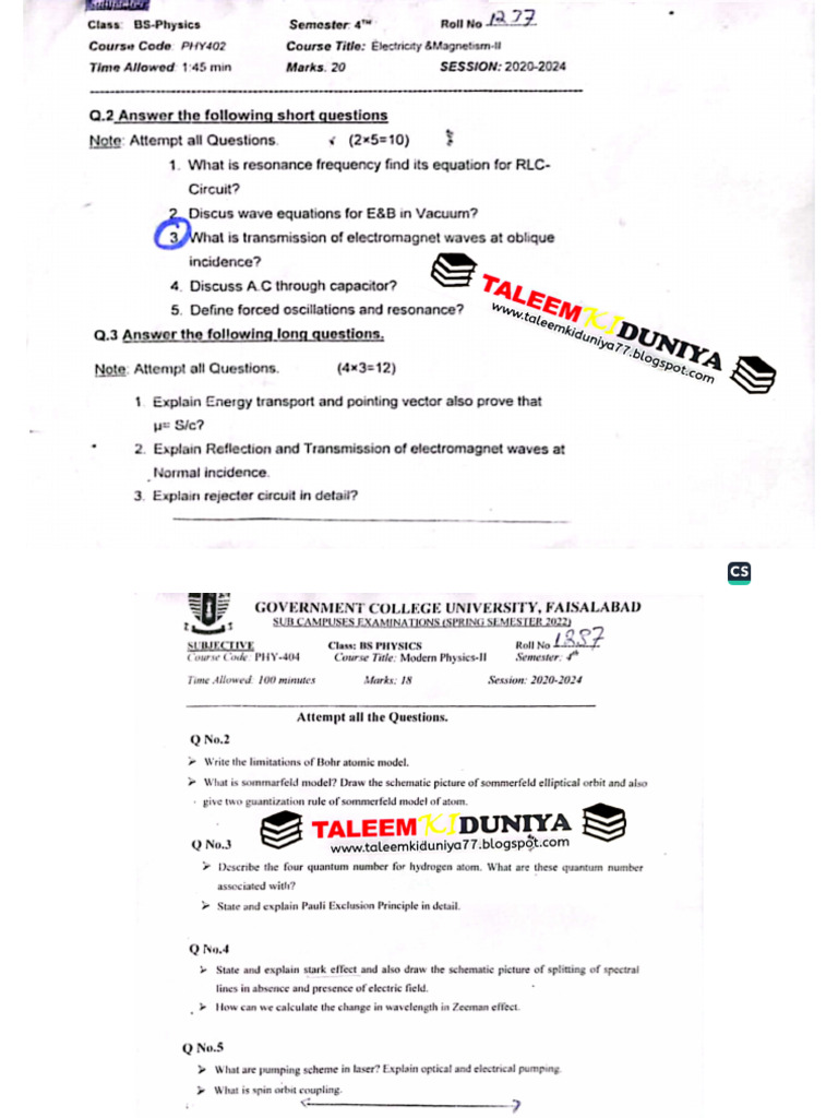 Bs-Physics 4th Semester Past Papers | PDF