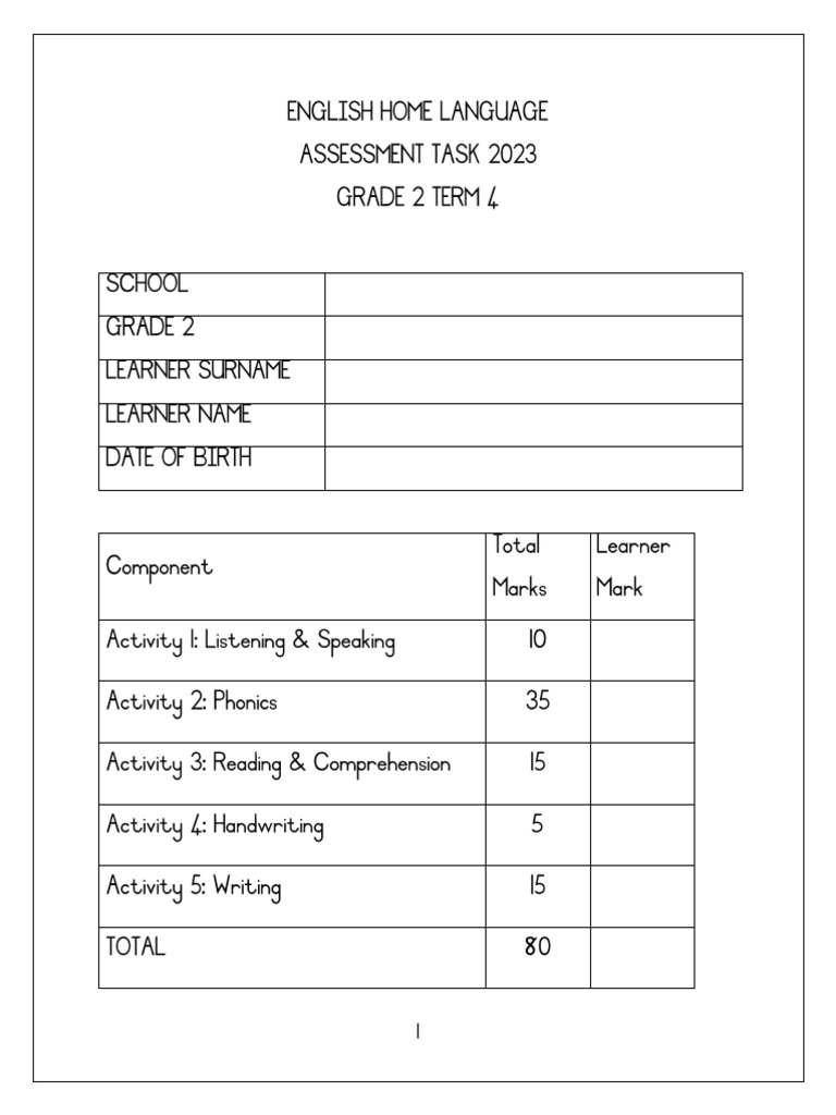 English HL Grade 2 Term 4 Assessment Task | PDF