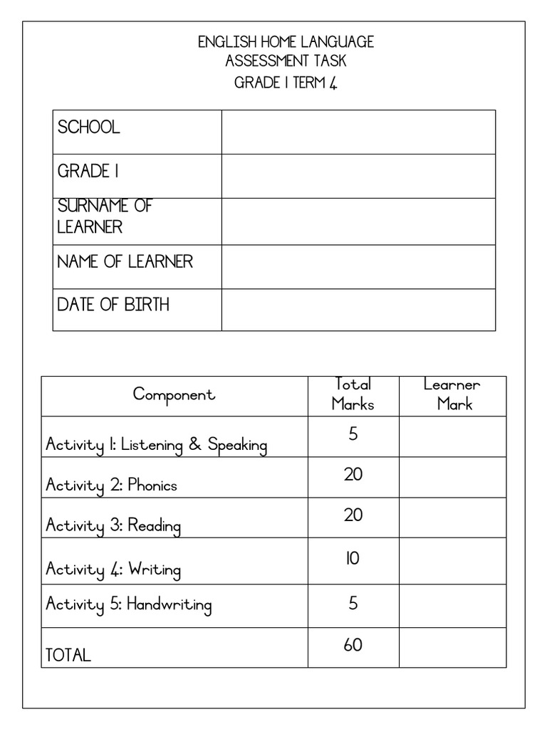Ennglish HL Grade 1 Term 4 Assessment Task | PDF