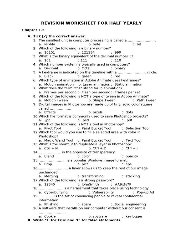 Revision Worksheet Class 7 Pdf