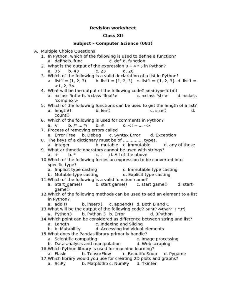 Revision Worksheet Class 12 | PDF