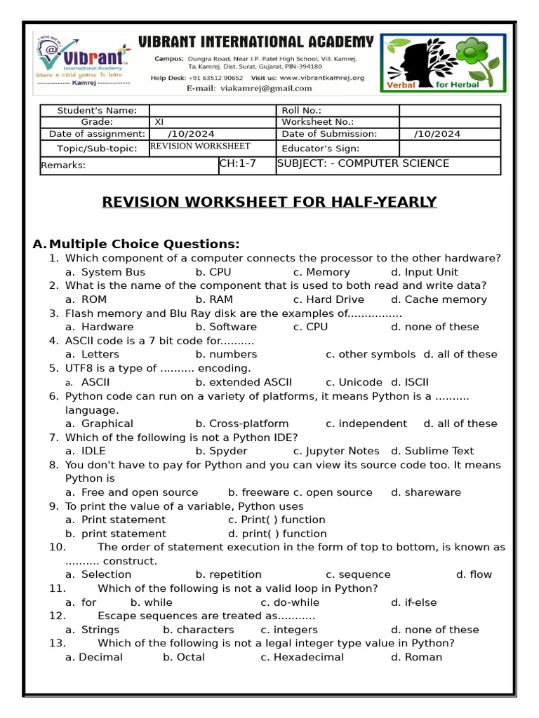 Grade-11-Revision - Worksheet-Half-Yearly-Computer Science | PDF