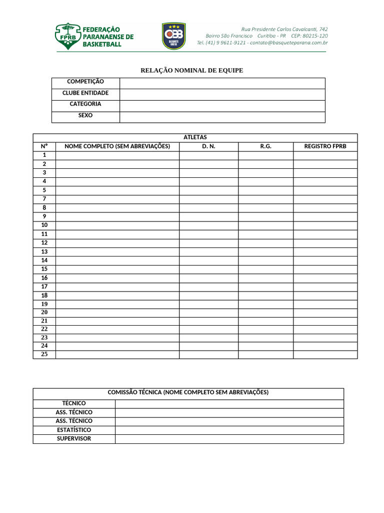 Relação Nominal Equipes FPRB | PDF