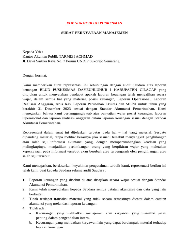 Surat Pernyataan Manajemen - Blud Puskesmas Dayeuhluhur I - TB 2023 | PDF