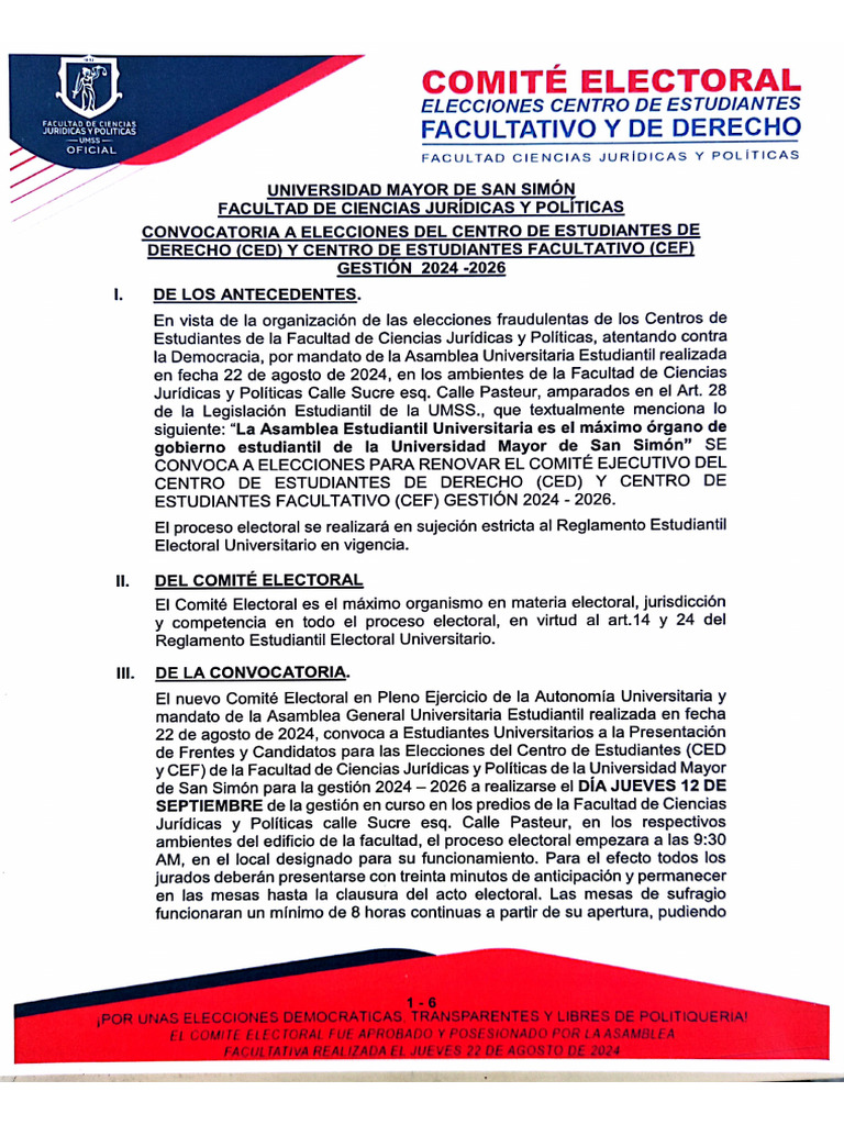 Convocatoria Elecciones Ced y Cef 2024 - 2026 | PDF
