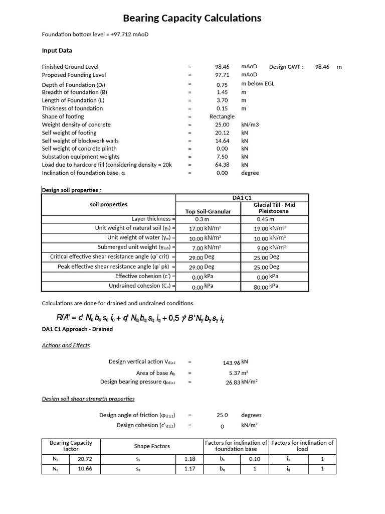 Bearing Capacity Calculations | PDF