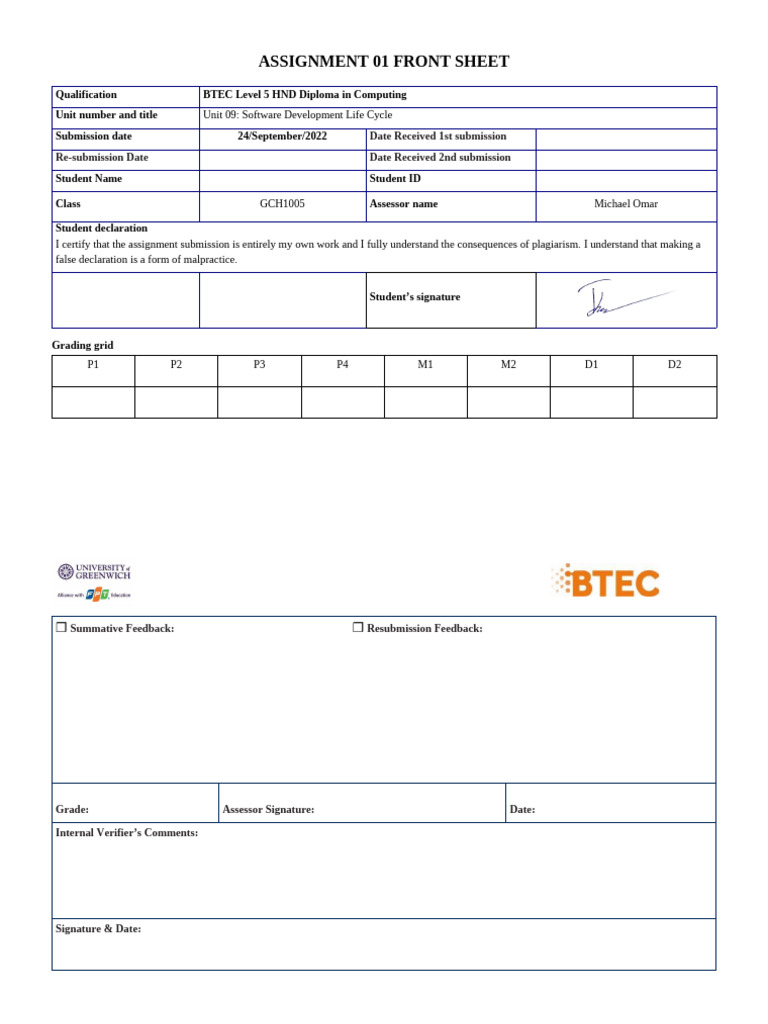 1 - Unit 09. Assignment 01 Frontsheet | PDF | Software Development ...