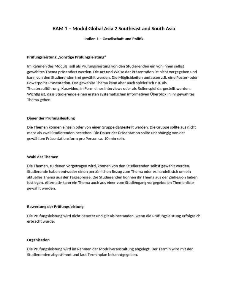 Hinweise Prüfungsleistungen BAM 1 - Modul Global Asia 2 Southeast and South Asia | PDF