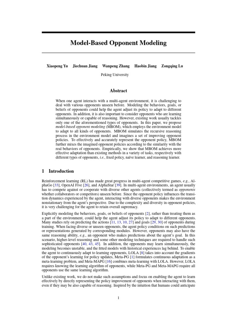 Model-Based Opponent Modeling | PDF