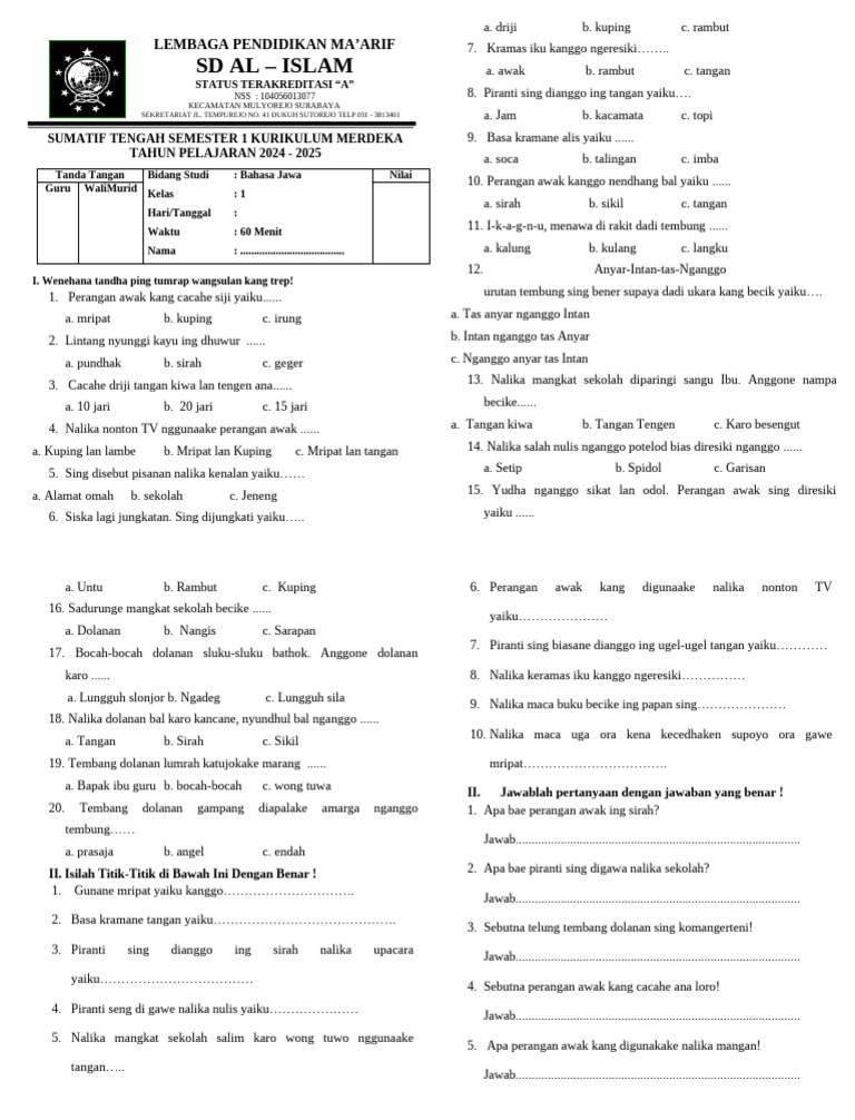 Sts Bahasa Jawa Kelas 1 Semester Ganjil 2024 | PDF