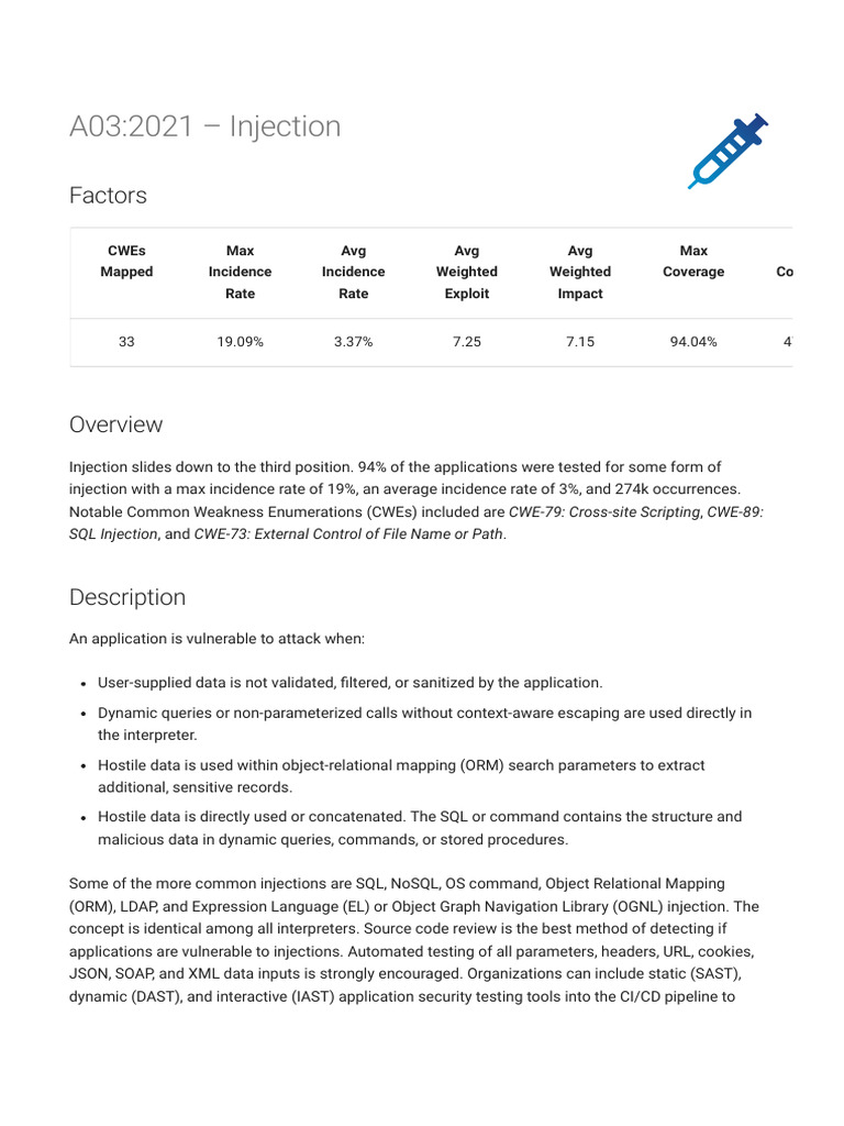 A03 Injection - OWASP Top 10-2021 | PDF A03 Injection - OWASP Top 10-2021 | PDF