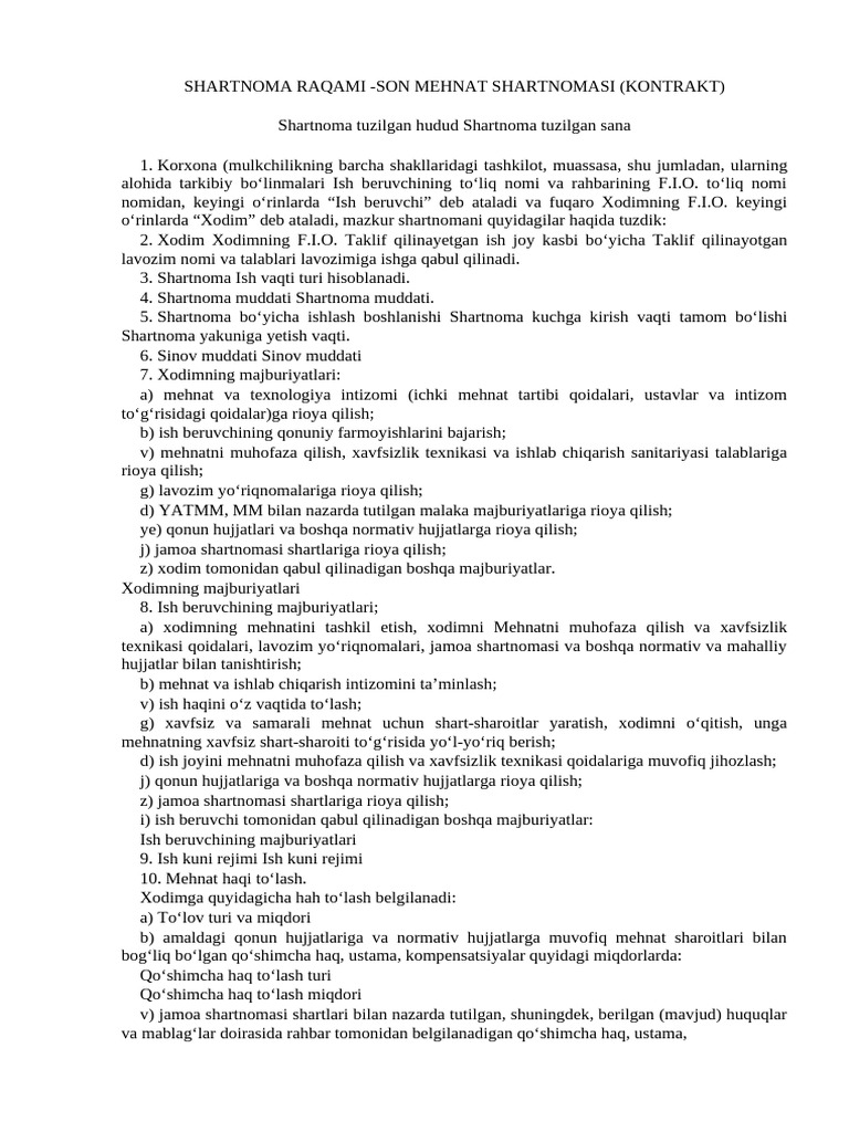 Mehnat Shartnoma | PDF
