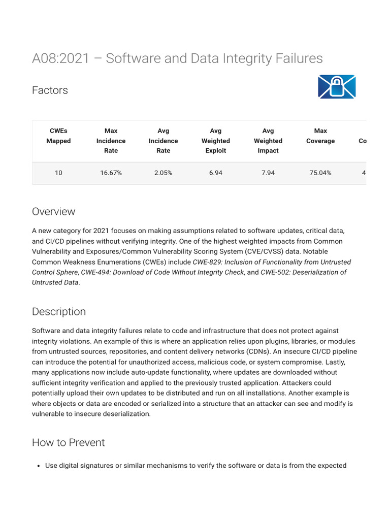 A08 Software and Data Integrity Failures - OWASP Top 10-2021 | PDF