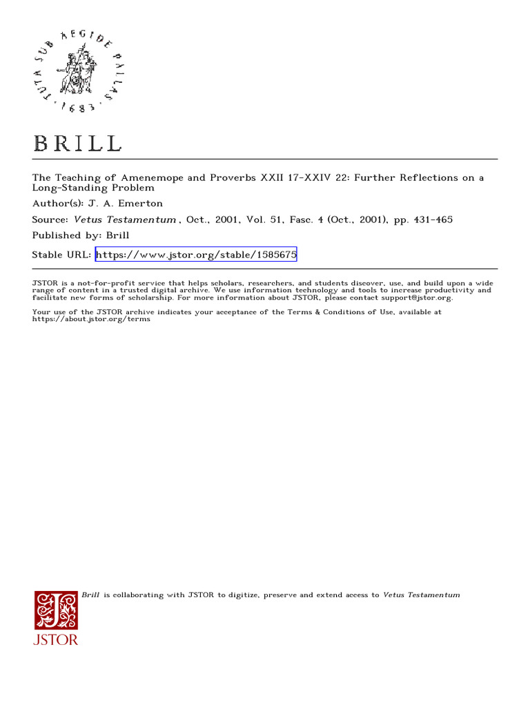The Teaching of Amenemope and Proverbs XXII 17-XXIV 22 - J.A. Emerton | PDF