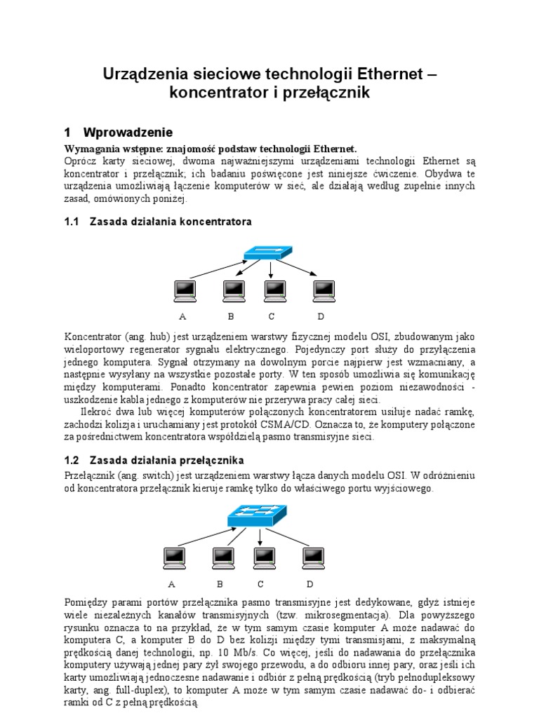 Urządzenia Sieciowe Technologii Ethernet - Koncentrator I Przełącznik | PDF