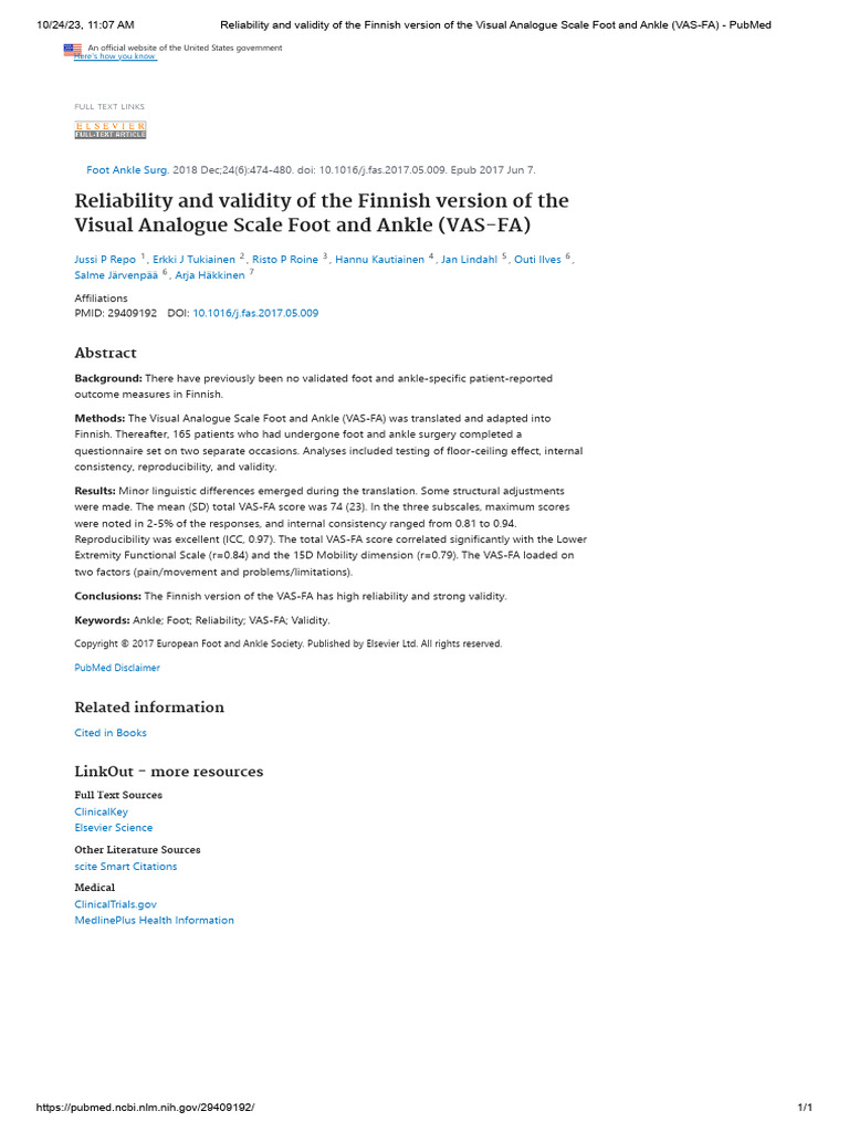 Reliability and Validity of The Finnish Version of The Visual Analogue Scale Foot and Ankle (VAS ...