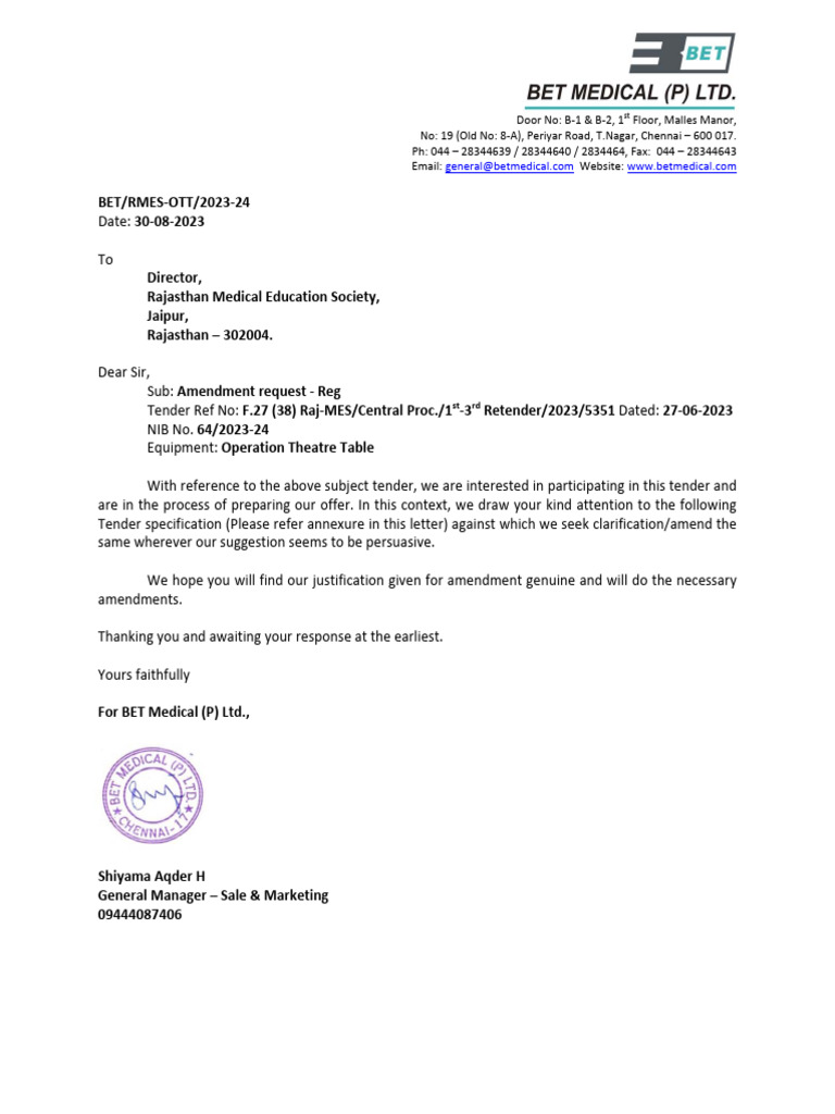 Amendment Request Letter - OT Table - Rev | PDF