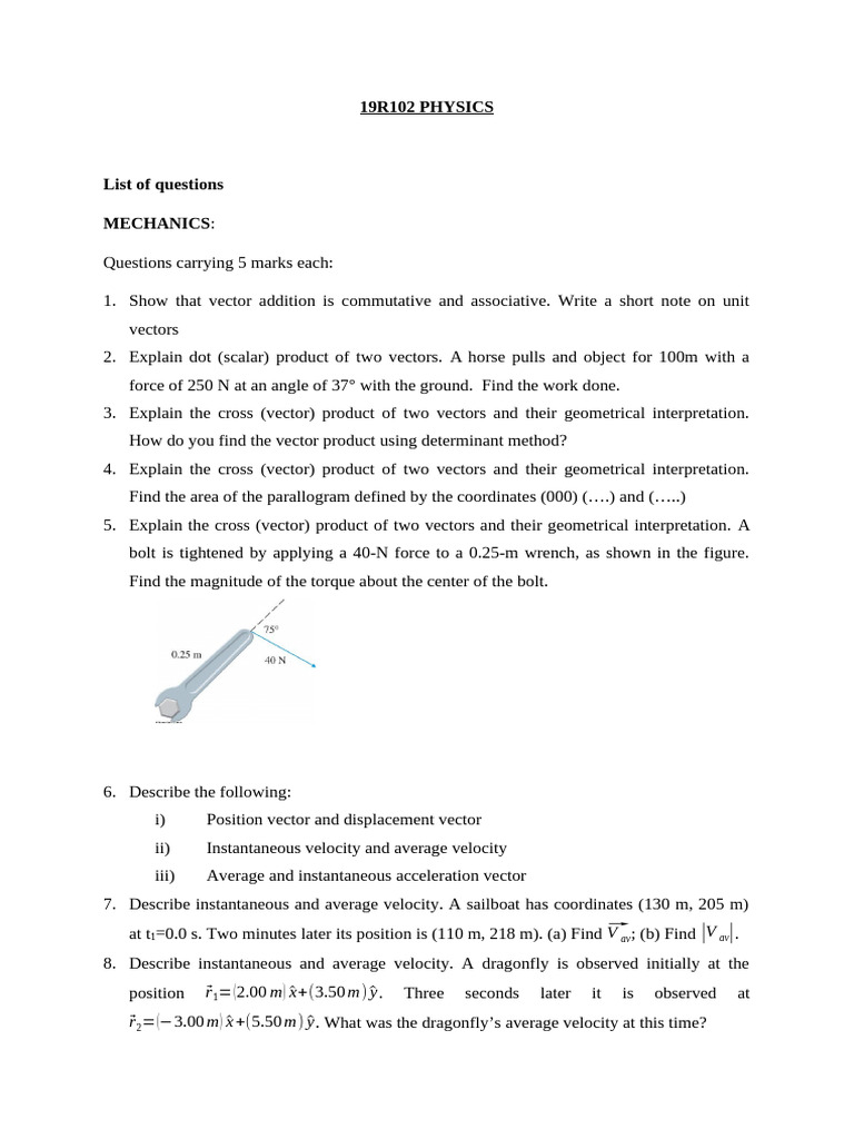 19R102 PHYSICS - Qs - Unit1and 2 - 2022 | PDF