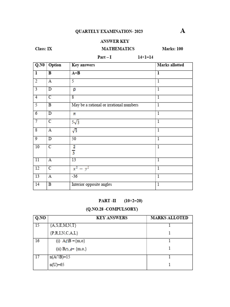 9th Maths EM TM Answer Keys To Quarterly Exam 2023 PDF Download | PDF ...