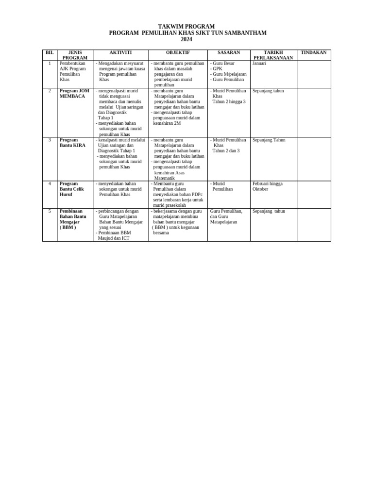 Takwim Program Pemulihan Khas 2024 | PDF