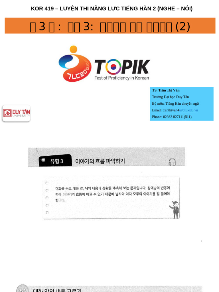 KOR 419 - Luyen Thi Nang Luc Tieng Han 2 (Nghe-Noi) - 2023F - Lecture Slides - 4 | PDF