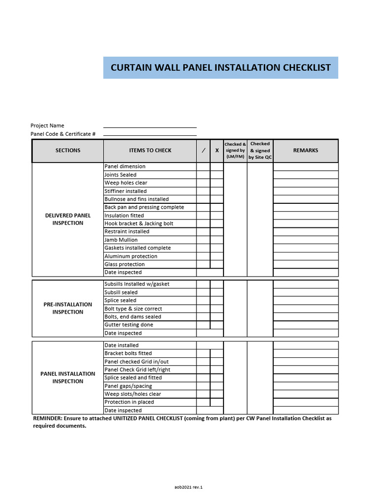 Curtain Wall Panel Installation Checklist Rev1 | PDF