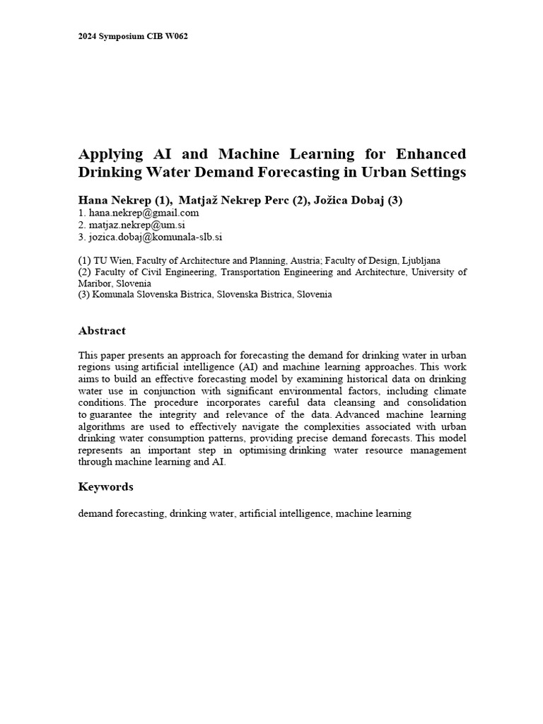 Applying AI and Machine Learning For Enhanced Drinking Water Demand ...