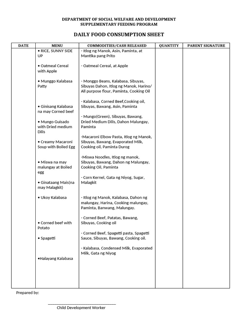 Daily Food Consumption Sheet | PDF