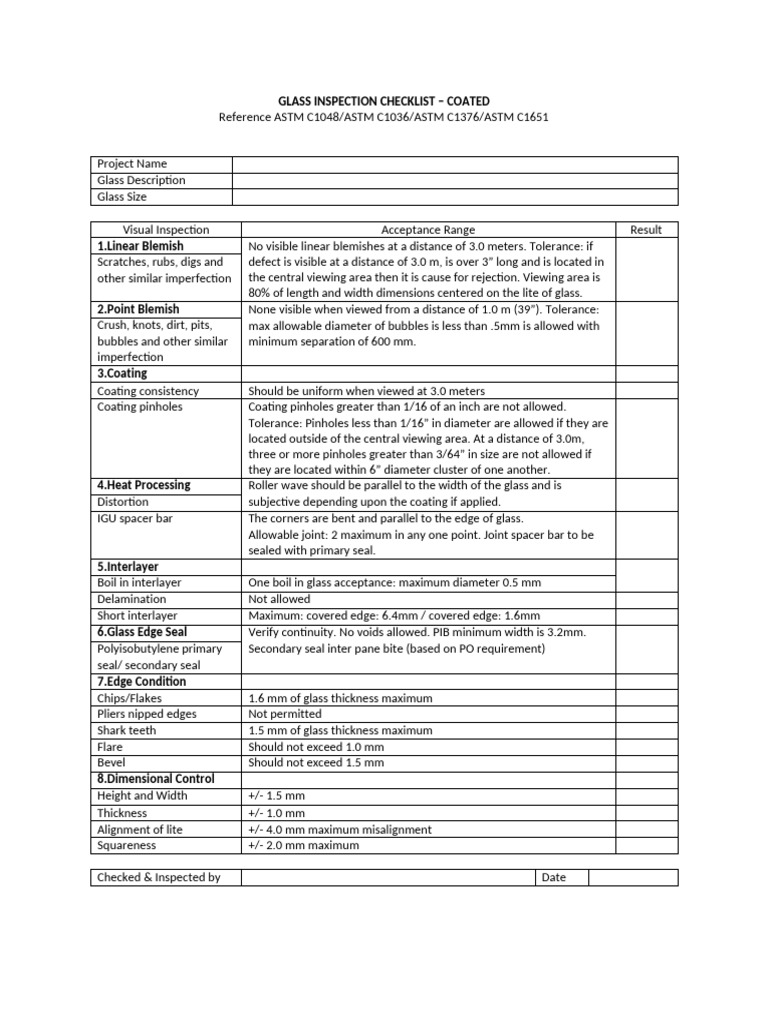 Glass Inspection Checklist - Coated Revision 01 (March 2, 2018) | PDF