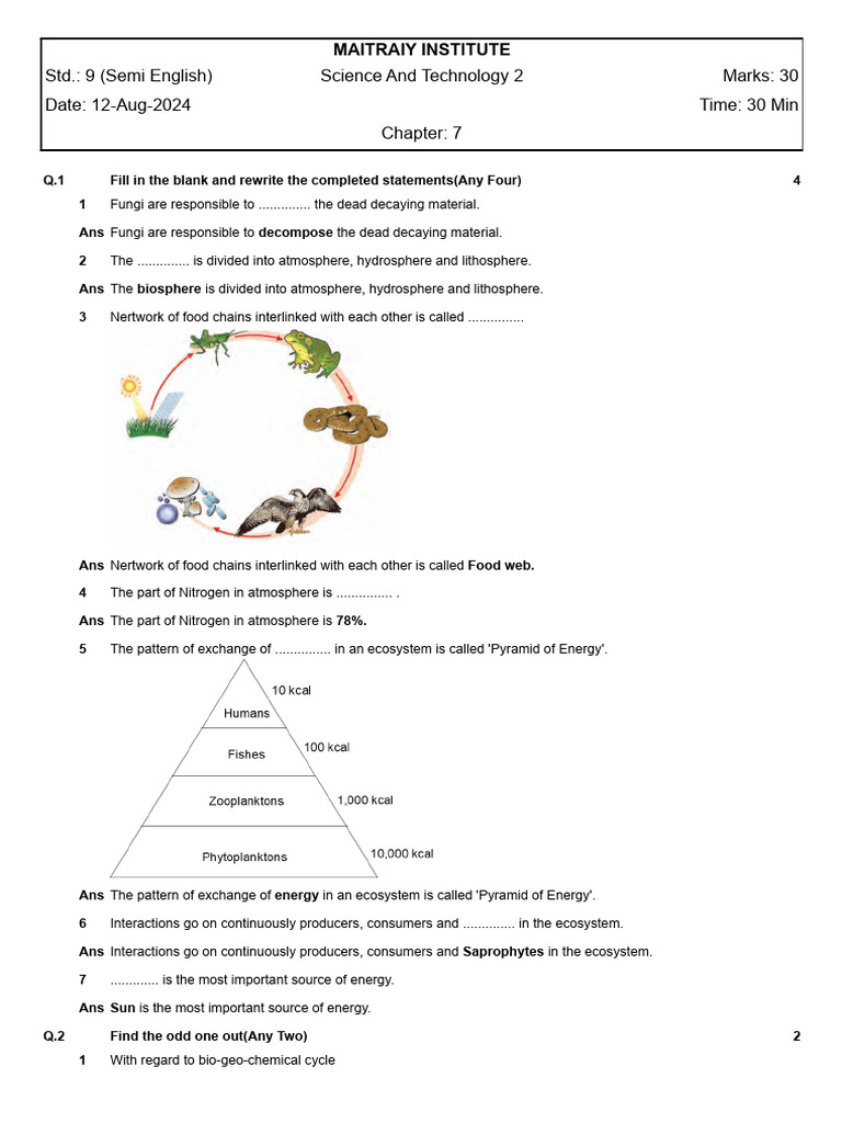 Question Answer Paper-9-Science-7-Semi | PDF