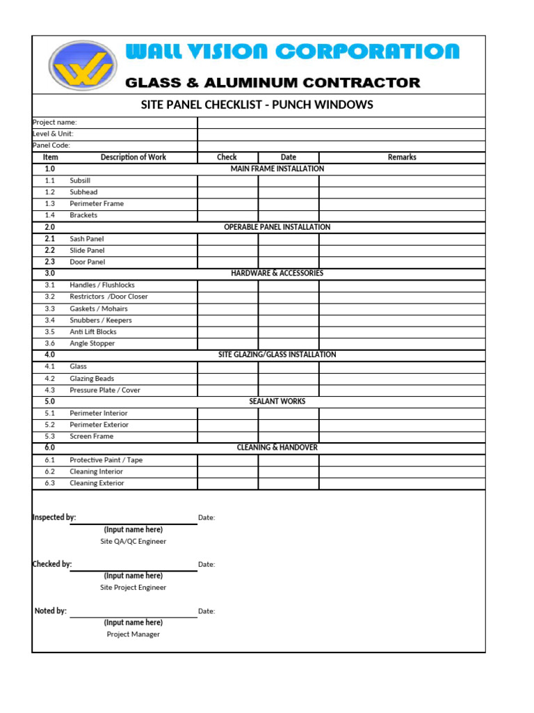 Site Installation Checklist - Punch Windows & Doors - Blowup | PDF