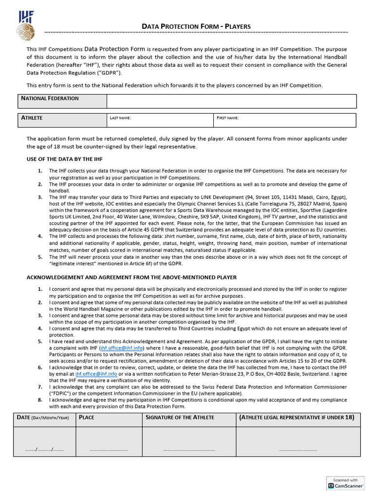 IHF Data Protection Form - Players | PDF | Justice | Crime & Violence