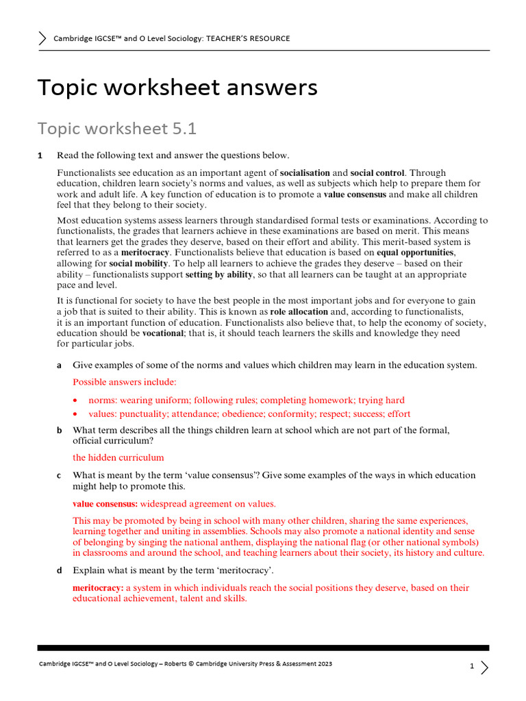 IGCSE Sociology TR Topic Worksheet 5.1 Answers | PDF