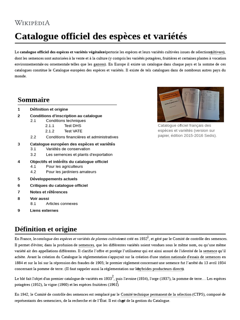 Catalogue Officiel Des Especes Et Varietes Wikipedia-Fr | PDF