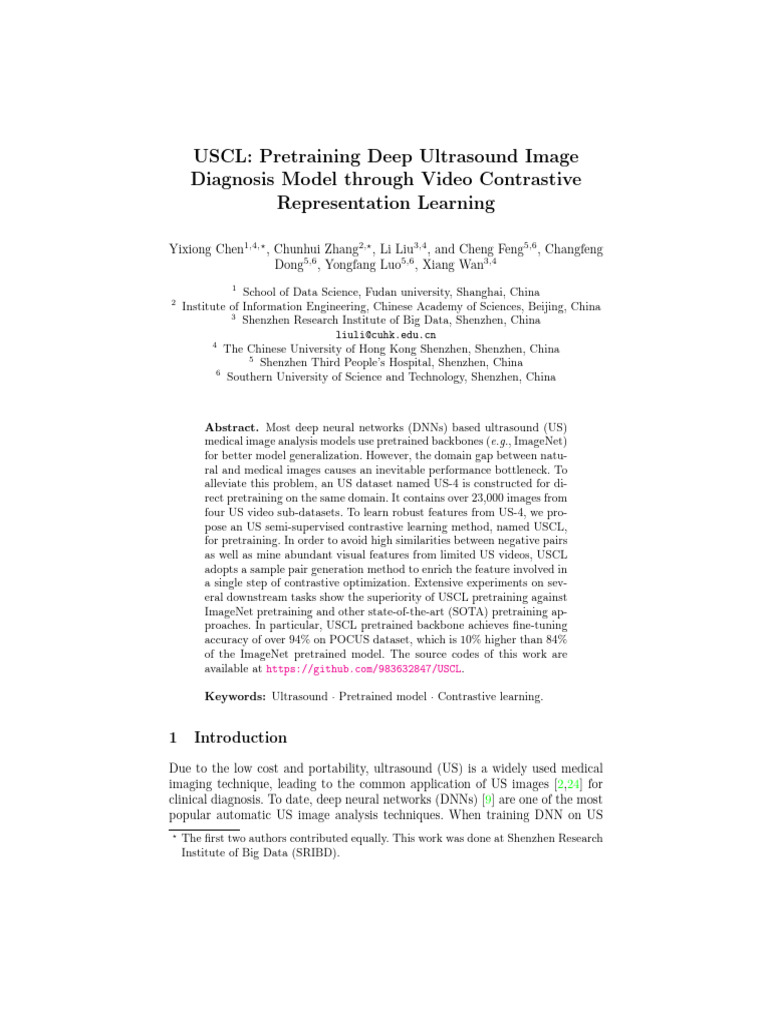 USCL: Pretraining Deep Ultrasound Image Diagnosis Model Through Video Contrastive Representation ...