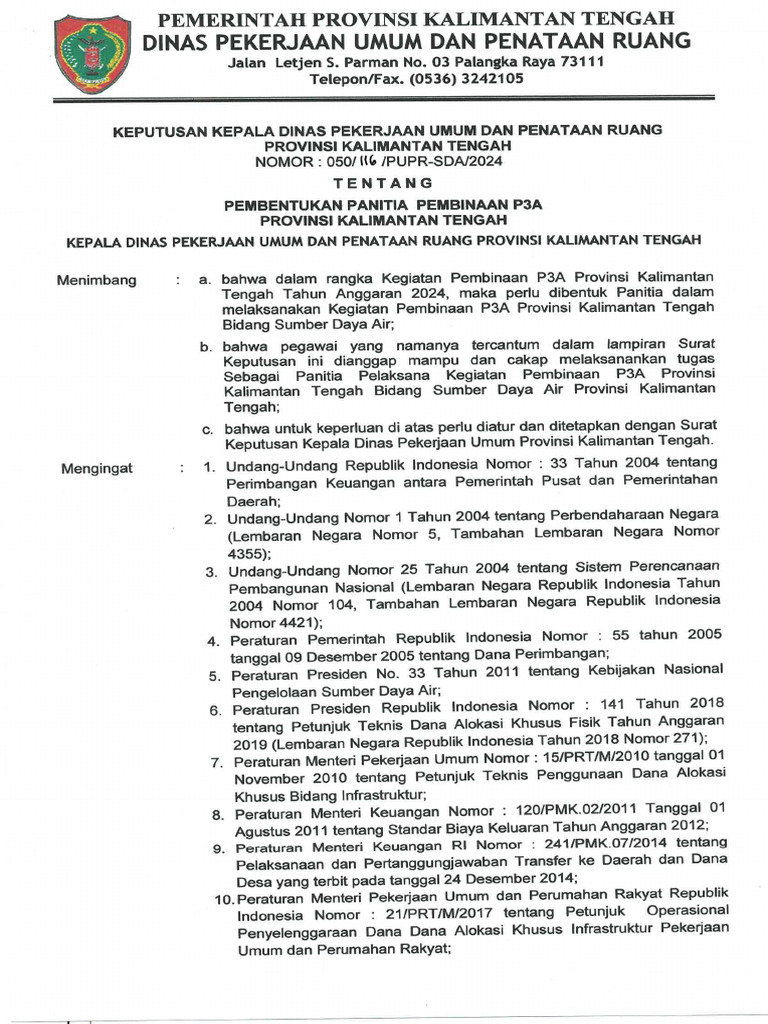 SK Panitia Pembinaan P3a Prov Kalteng Ta 2024 | PDF