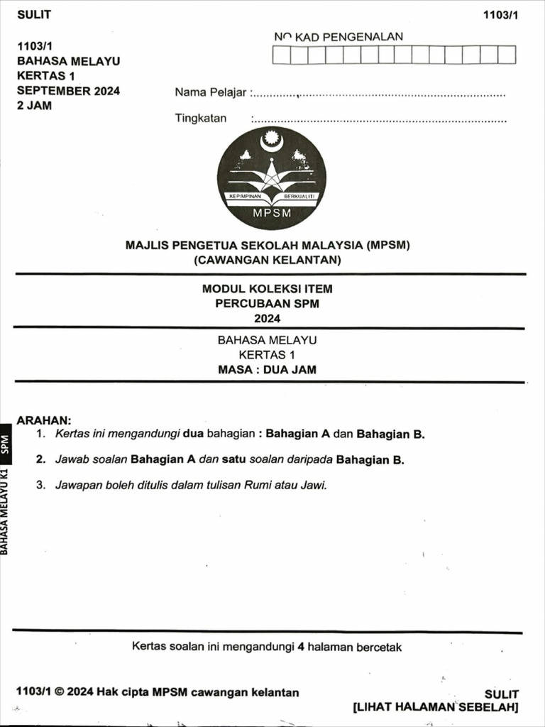 Trial K1 BM SPM 2024 - Kelantan | PDF
