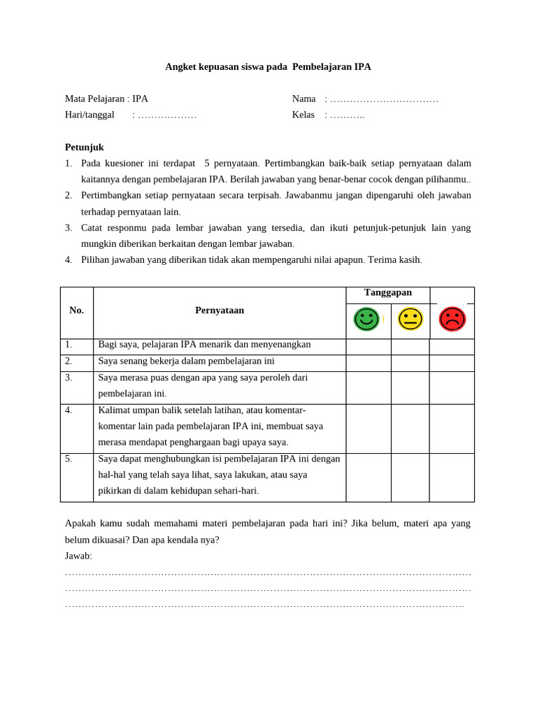 Angket Kepuasan Siswa Terhadap Pembelajaran Ipa | PDF | Karier & Perkembangan