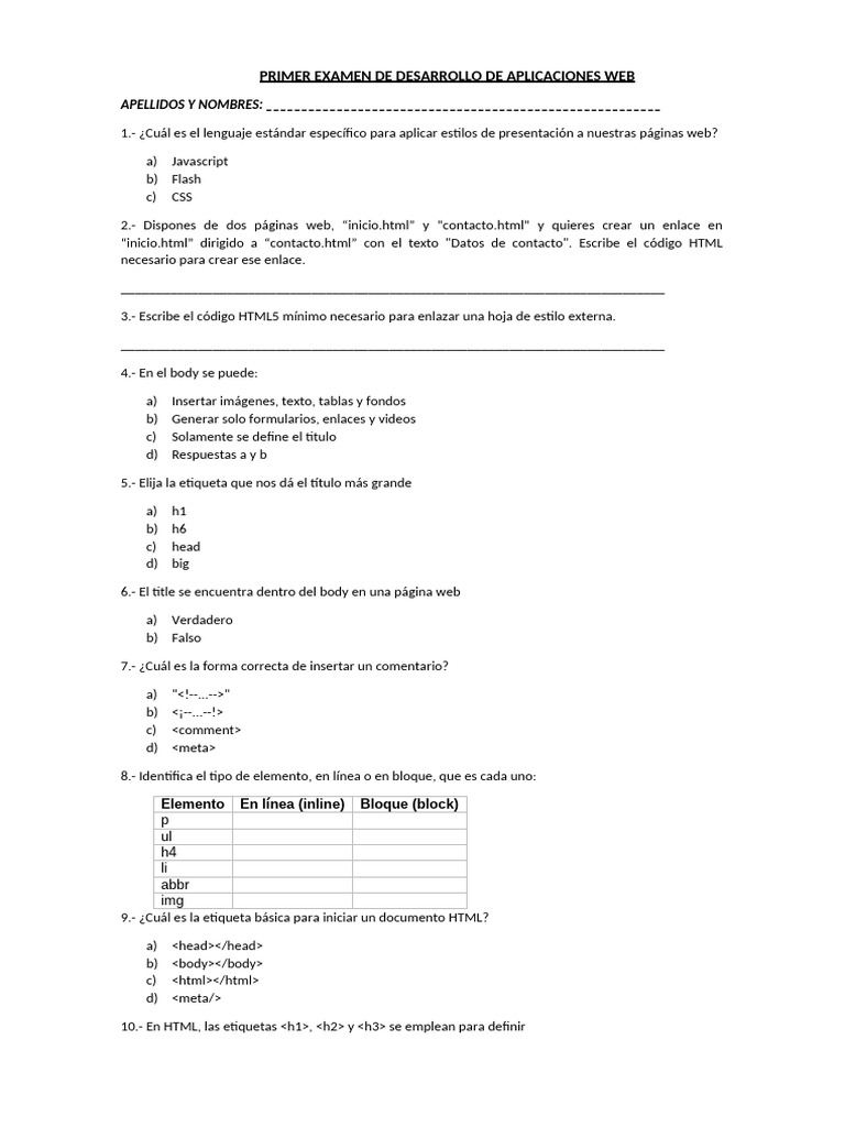 Examen de Desarrollo Web: HTML y CSS | PDF | HTML | Informática