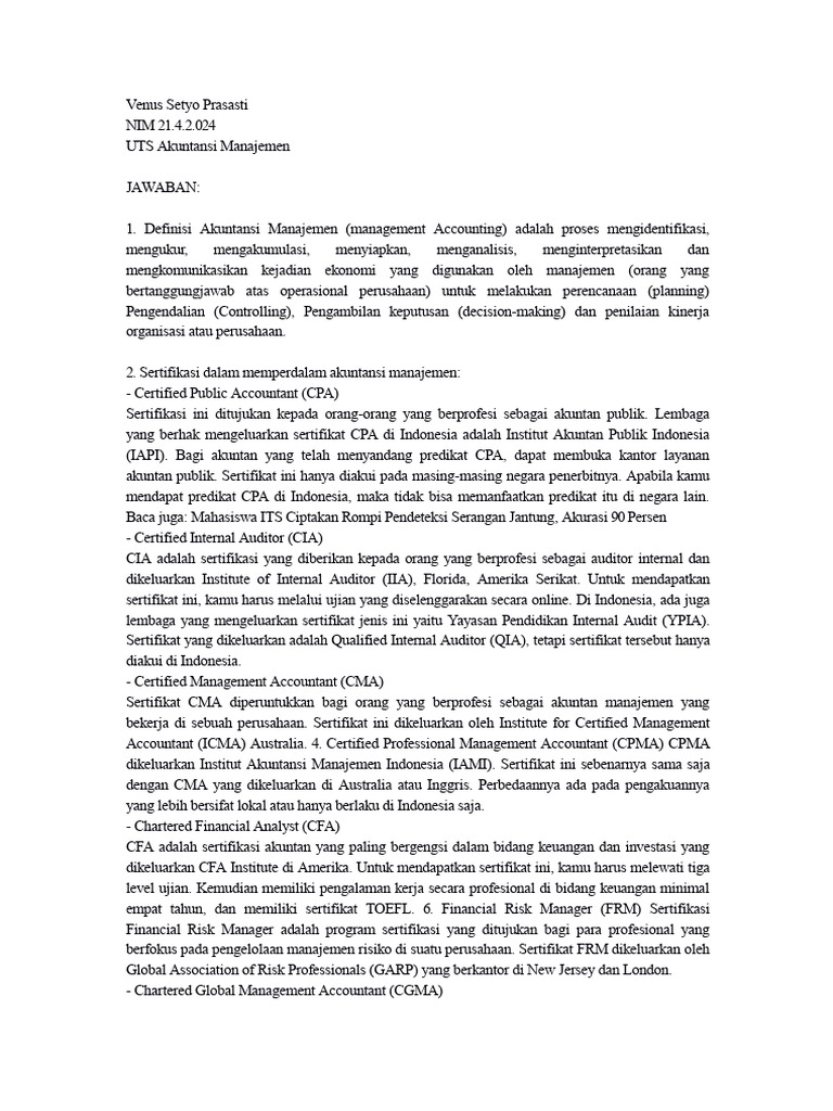 Jawaban UTS Akt MNJ - Venus Setyo Prasasti NIM 21.4.2.024 | PDF