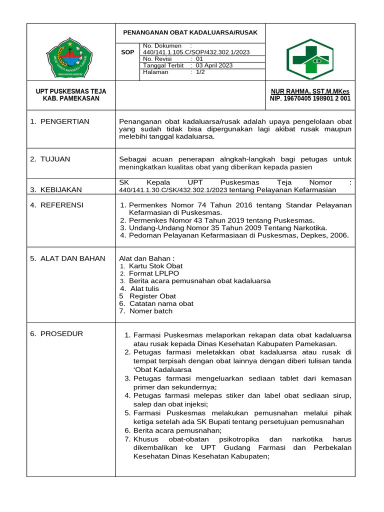 SOP Penanganan Obat Kadaluarsa Teja | PDF