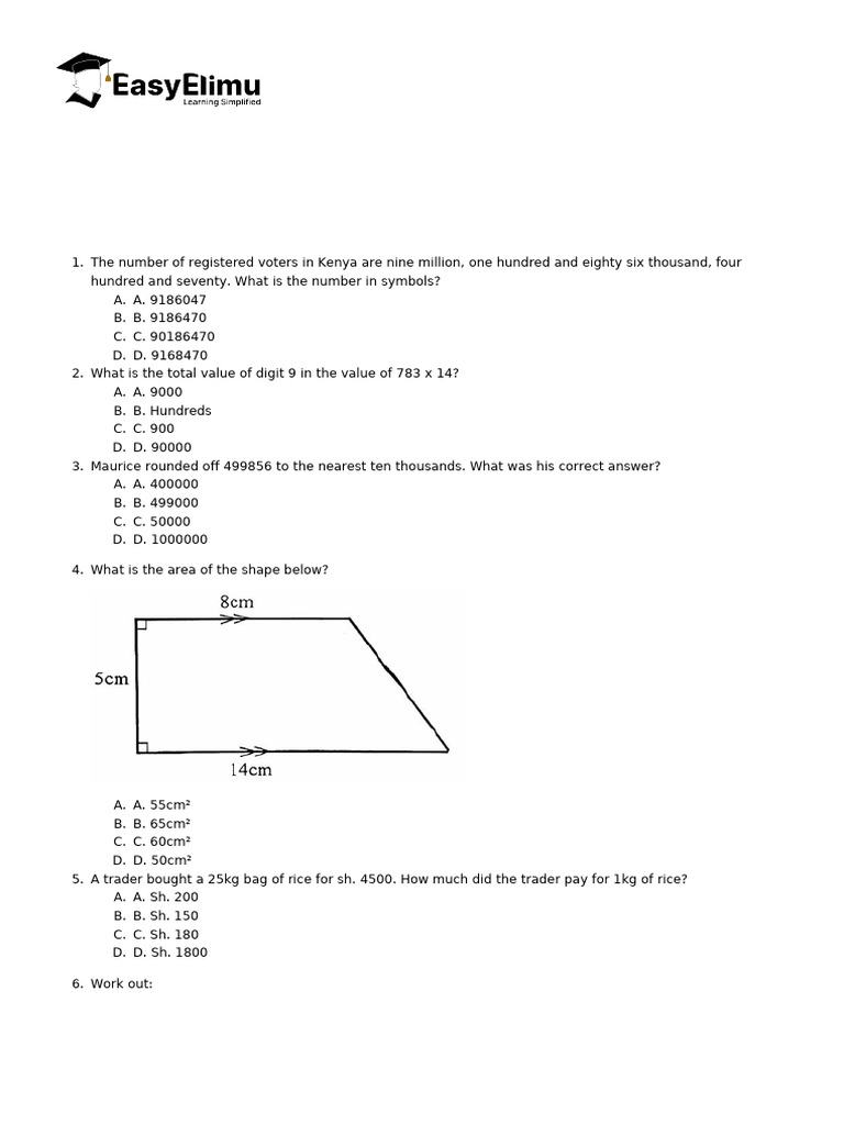 Mathematics - CBC Grade 6 KPSEA Term 3 Opener Exams 2024 Set 1-2068 | PDF Mathematics - CBC Grade 6 KPSEA Term 3 Opener Exams 2024 Set 1-2068 | PDF