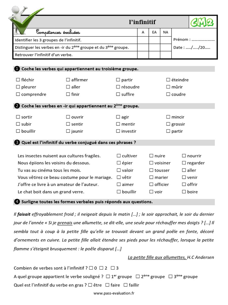 Passeval Linfinitif Au Evaluation QCM Quiz A Imprimer 5eme Primaire PDF ...