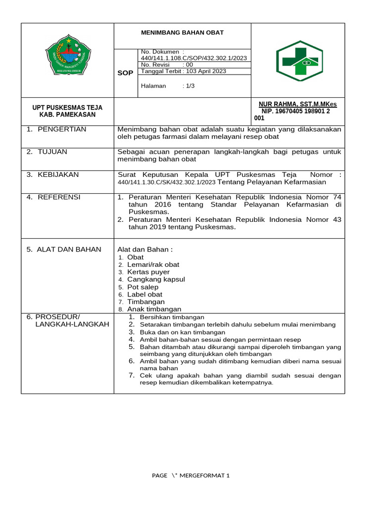 Sop Menimbang Bahan Obat | PDF