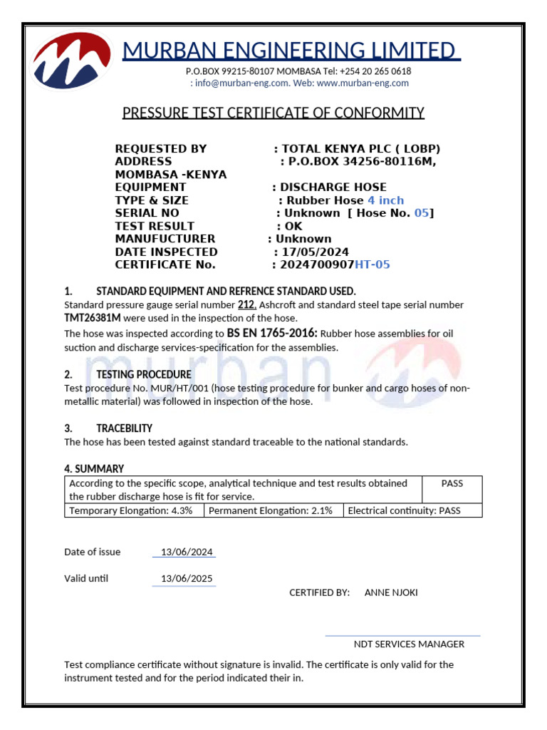 Hose Pressure Test Certificate of Conformity 5 | PDF