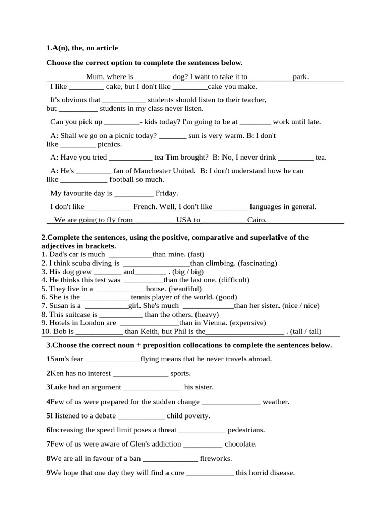 Article, Preposition, Adjective Test | PDF