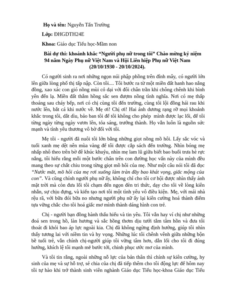 Nguyễn Tấn Trường:ĐHGDTH24E: Khoa GDTH-MN | PDF