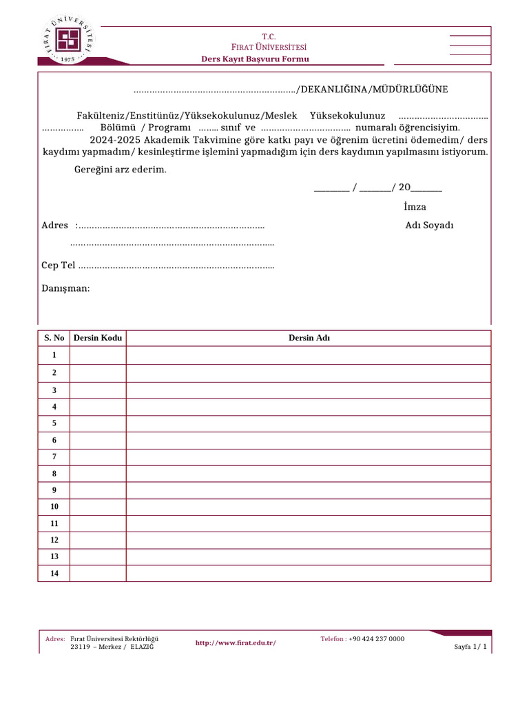 Ders Kayıt Başvuru Formu | PDF