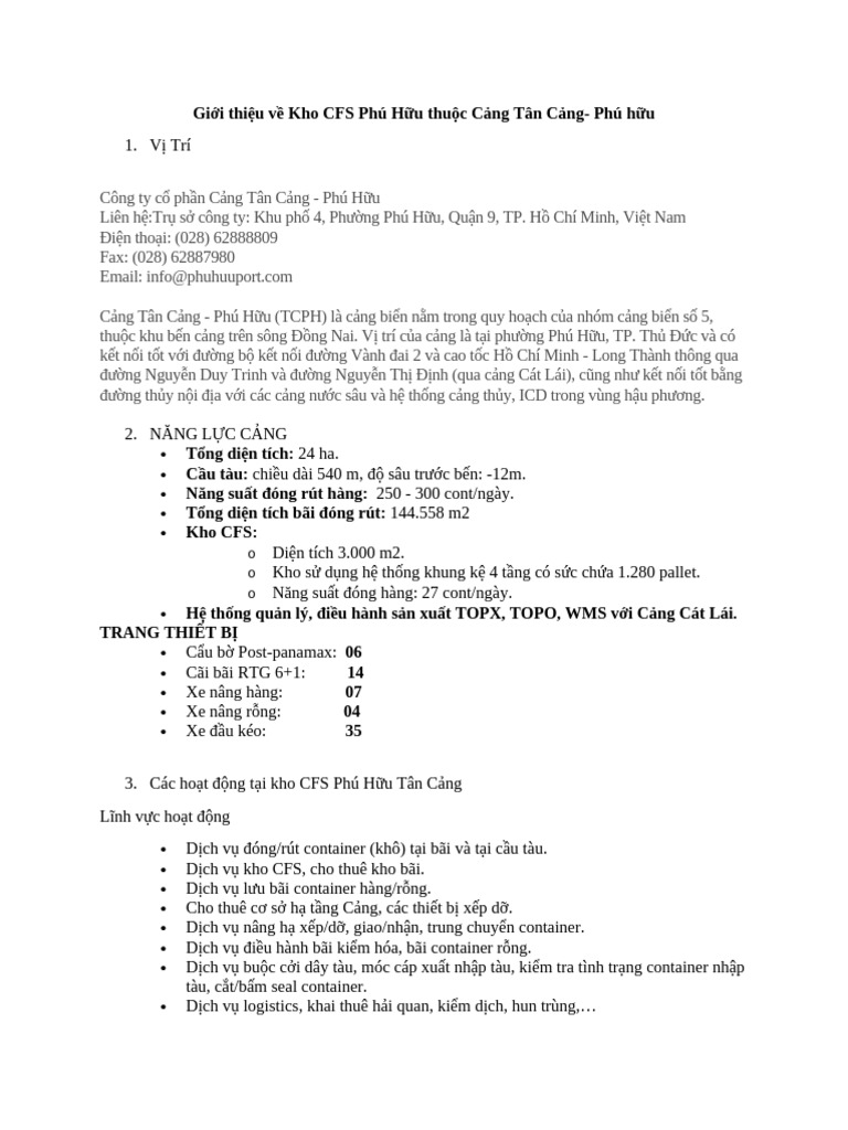 Giới Thiệu Về Kho CFS Phú Hữu Thuộc Cảng Tân Cảng | PDF