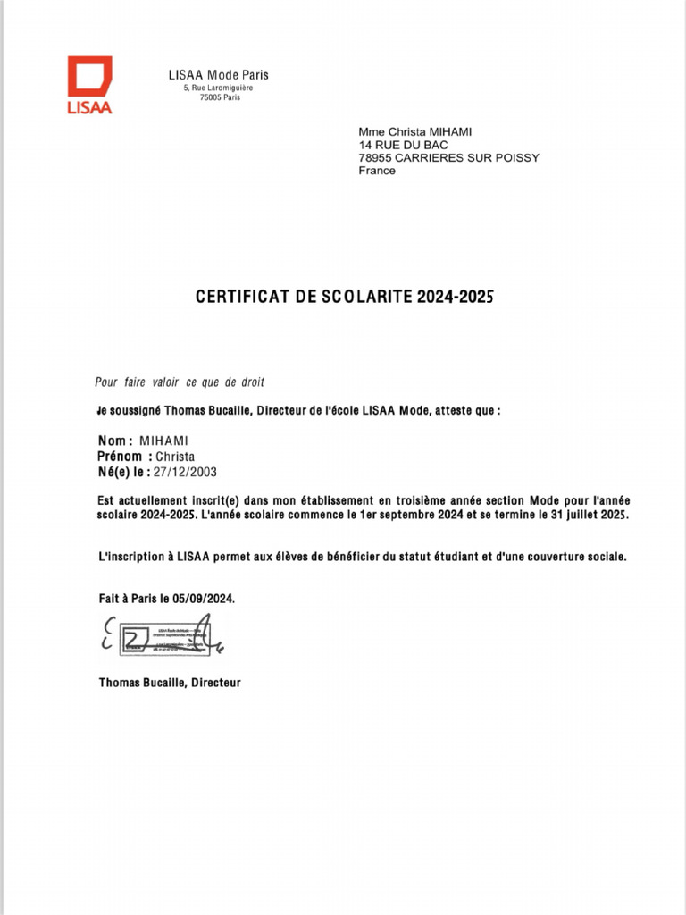 Certificat 2024-2025 LISAA | PDF